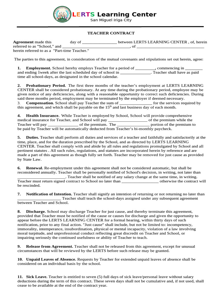 Teacher Contract Agreement at LERTS | PDF | Insurance | Employment