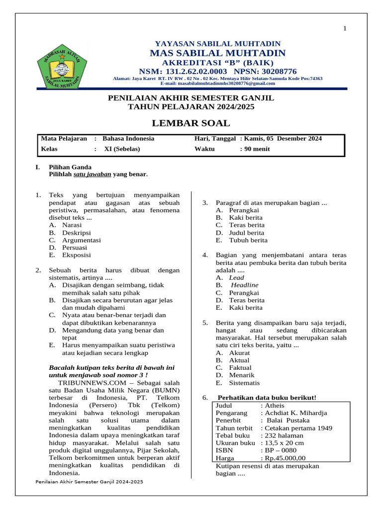 Kop Soal PAS Ganjil 2024-2025 | PDF