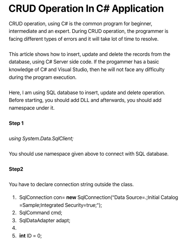 CRUD Operation in C# Application | PDF | C Sharp (Programming Language) | Databases