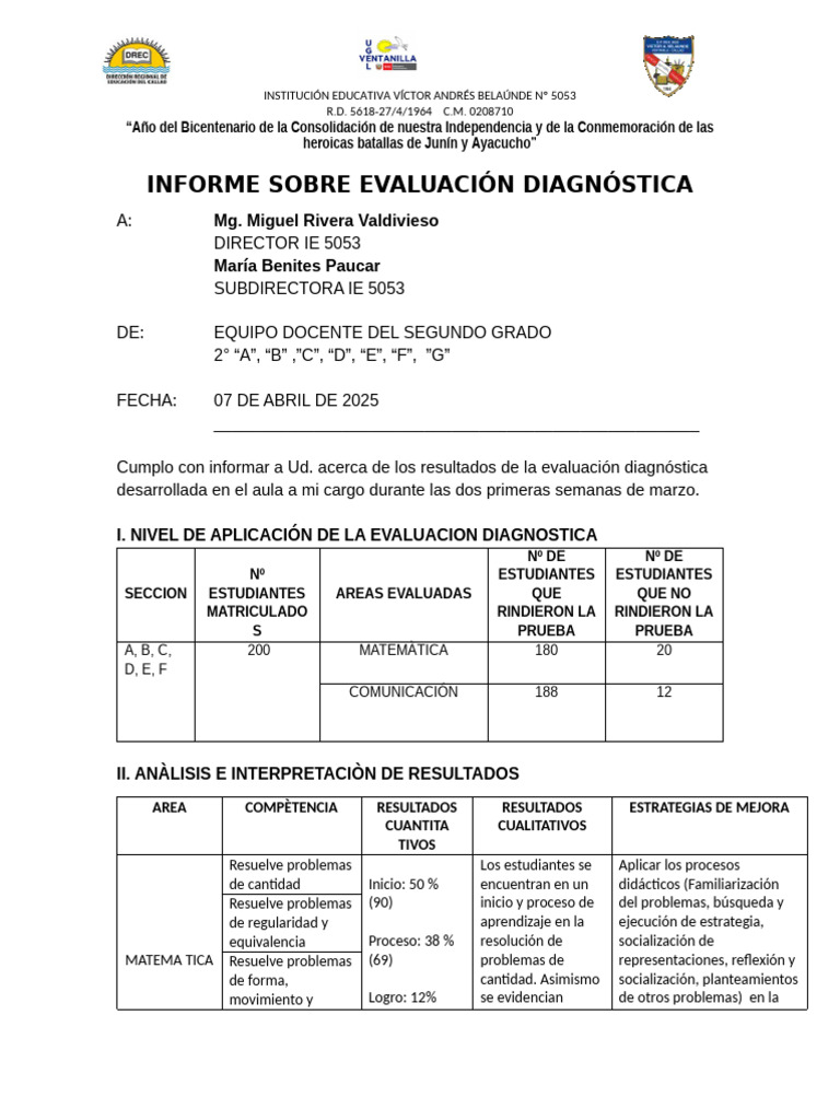 INFORME EVALUACION DIAGNOSTICA 2° GRADO | PDF | Evaluación | Comprensión lectora