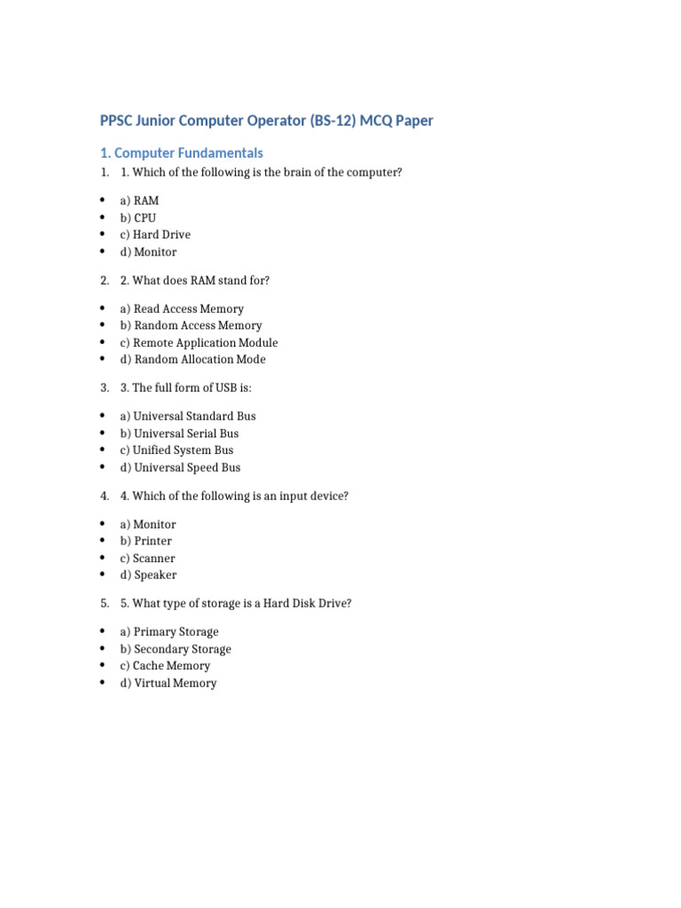 PPSC Junior Computer Operator MCQs | PDF