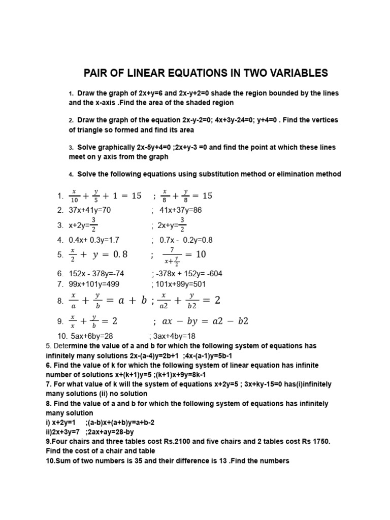 Class 10 Cbse Maths Linear Equation in Two Variable | PDF | Equations | Algebra