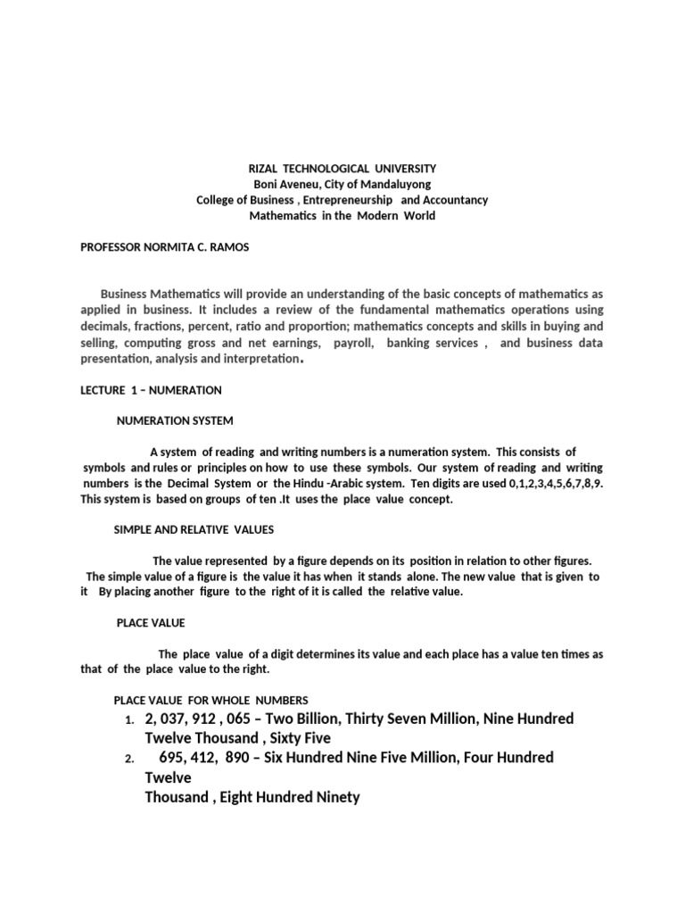 Lecture 1- 2nd Sem 2025- Mathematics in the Modern World -Numeration ...