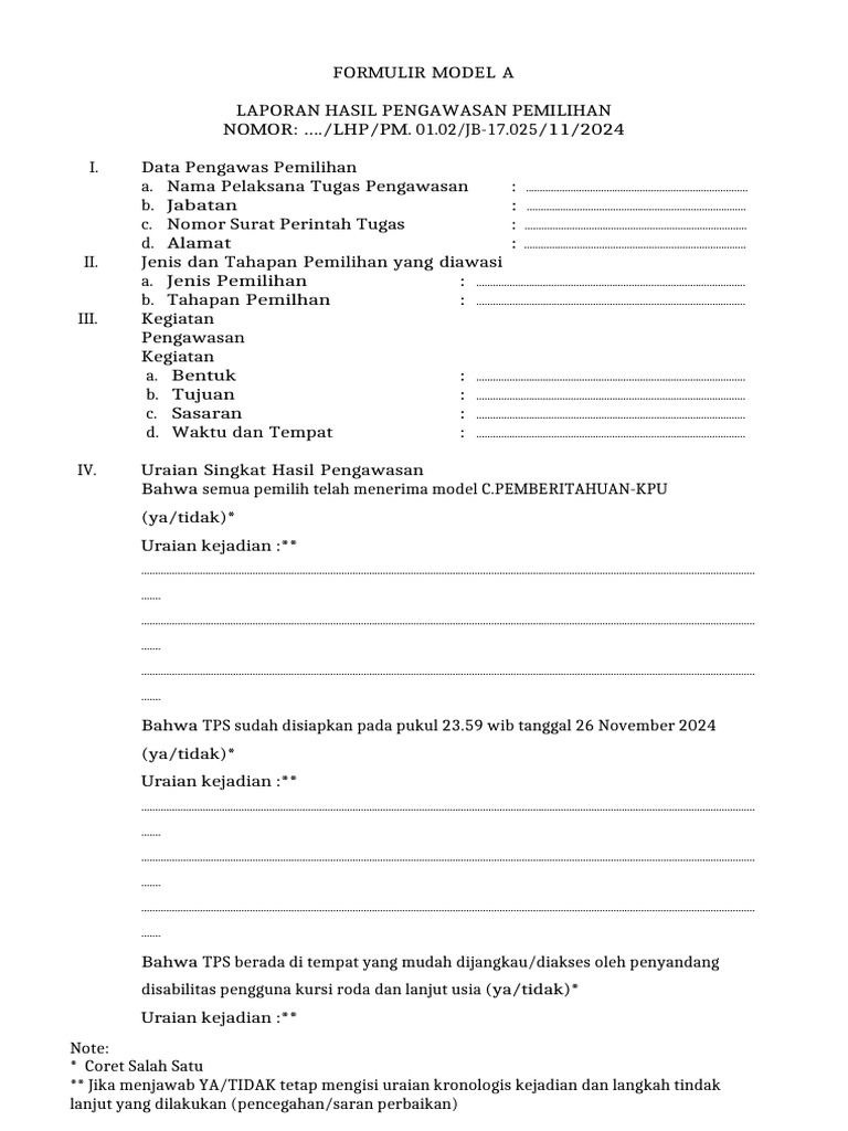 FORM A PTPS Persiapan PEmungutan 26 Nov 2024 | PDF