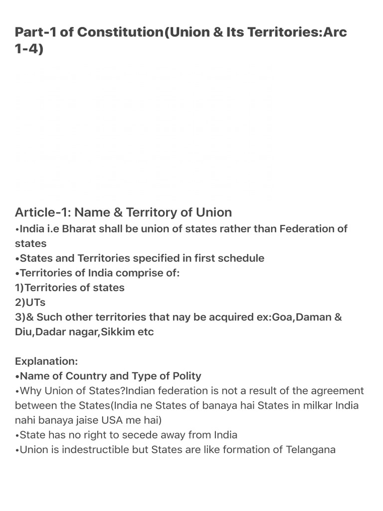 Part-1 of Constitution(Union & Its Territories-Arc 1-4) | PDF | Government | Politics Of India
