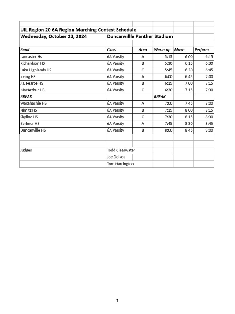 2024 UIL 6A Marching Contest Schedule 9 25.1121e204 | PDF