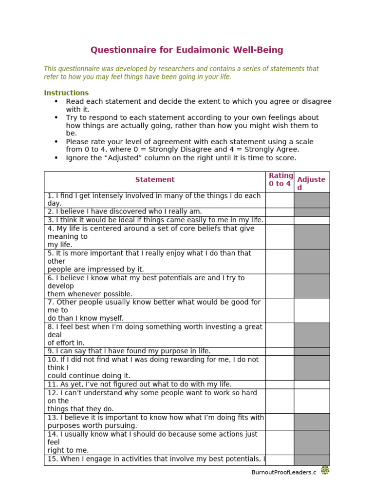 Eudaimonic Well-Being Questionnaire | PDF | Psychology | Behavioural ...