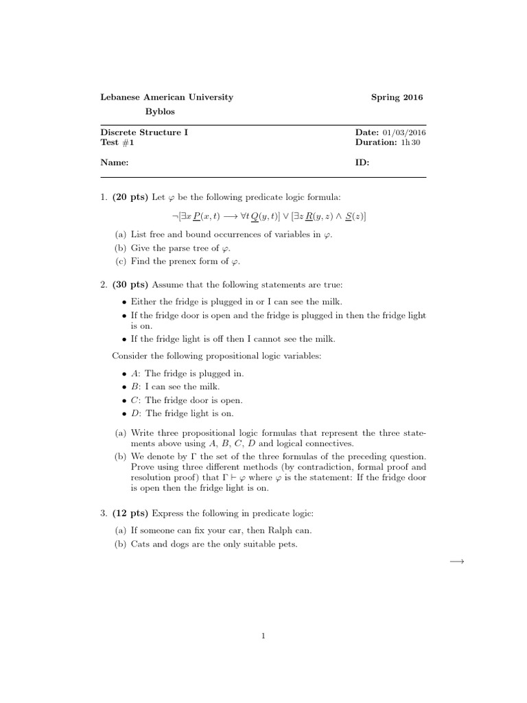 Discrete Structures Test 1 - LAU Spring 2016 | PDF | Logic | First ...