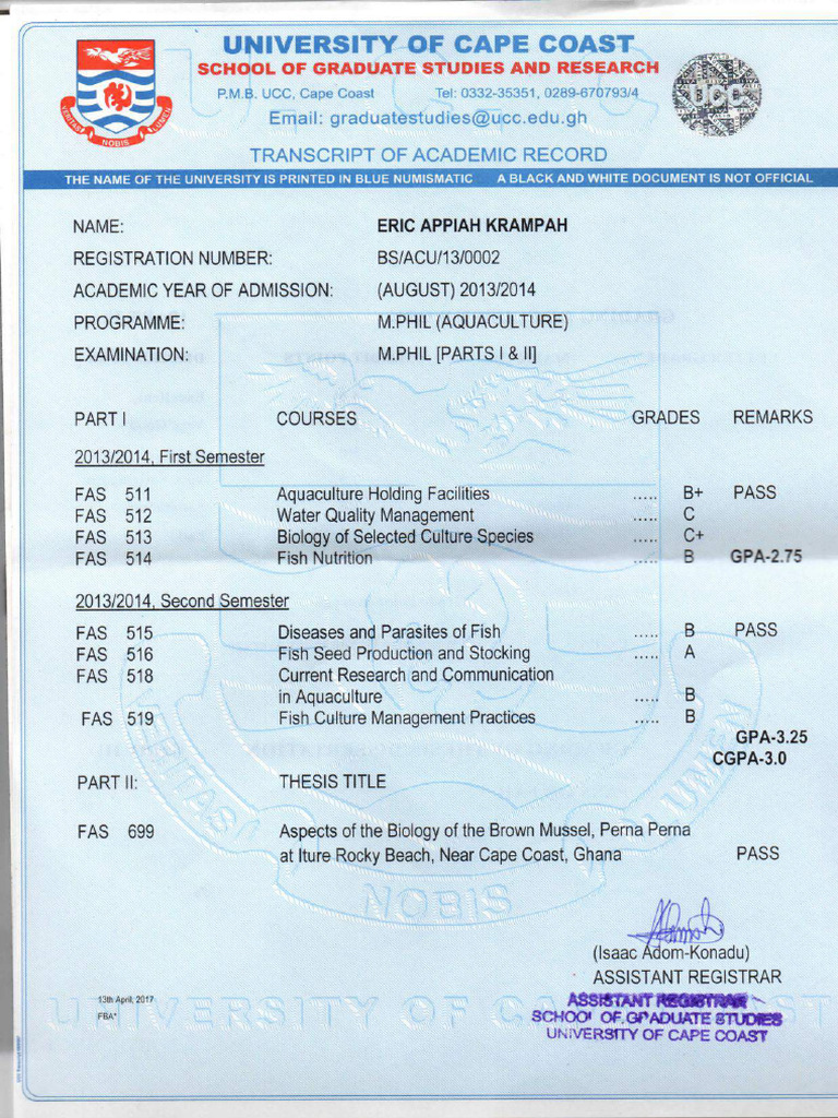Sample University of Cape Coast Mphil Transcript | PDF