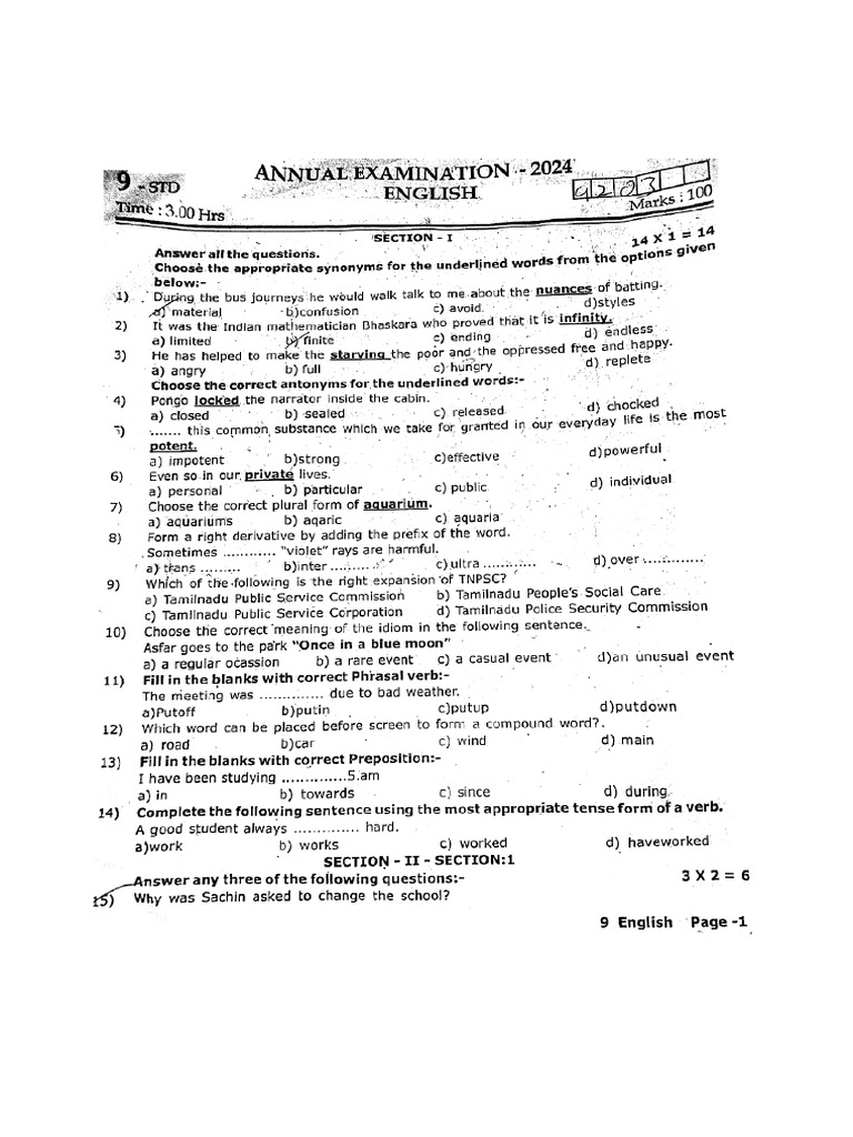9th Science EM Annual Exam 2023 Question Paper English Medium PDF ...