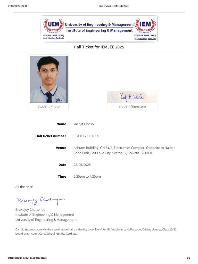 Hall Ticket - IEMJEE 2025 | PDF