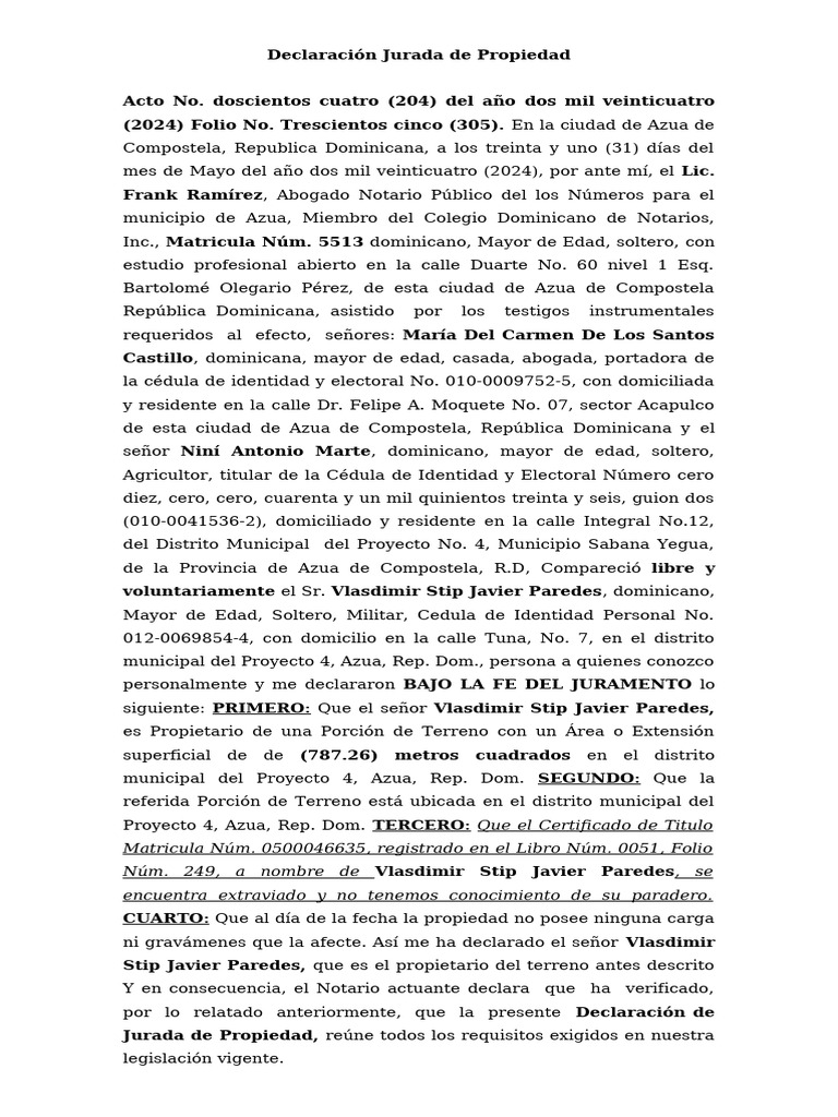 3-DECLARACION JURADA DE PROPIEDAD Perdida de Certificado de Titulo Vladimir | PDF | República ...