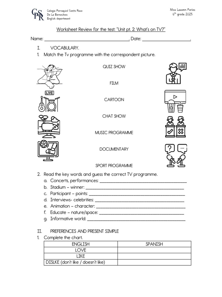 Worksheet Review For The Test Unit 1 PT 2 TV Programmes | PDF