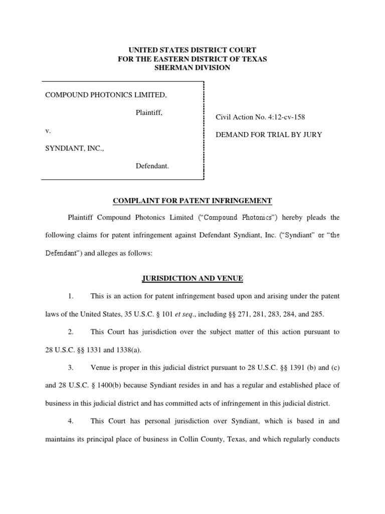 Compound Photonics v. Syndiant | PDF | Patent Infringement | United ...