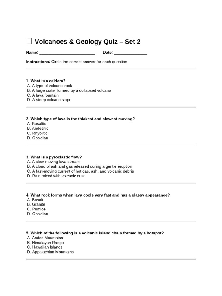 Volcanoes & Geology Quiz - Set 2 | PDF