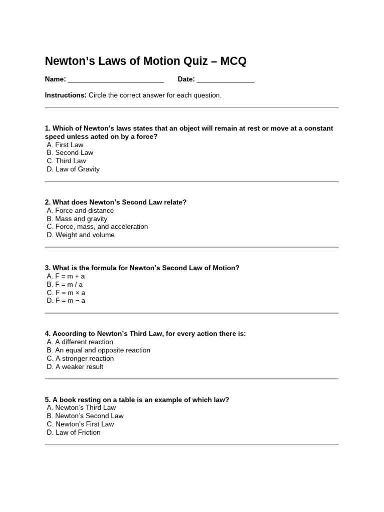 Newton's Laws of Motion MCQ Quiz | PDF