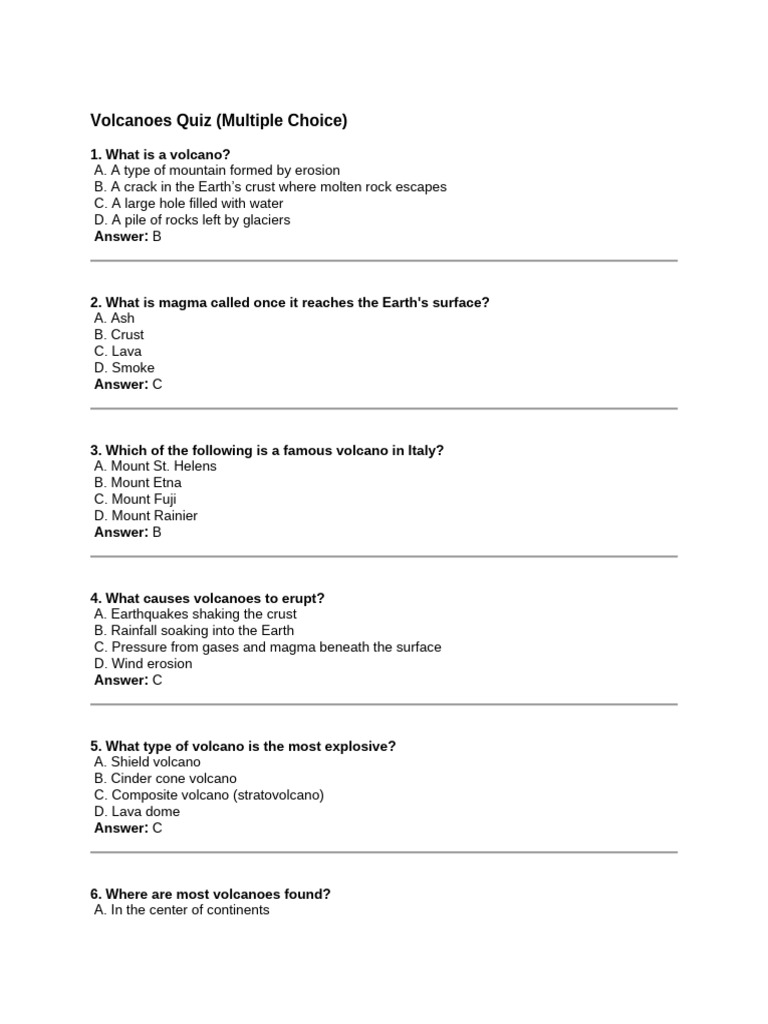 Volcanoes Quiz (Multiple Choice) | PDF