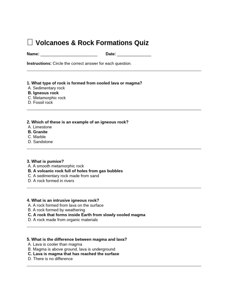 Volcanoes & Rock Formations Quiz | PDF