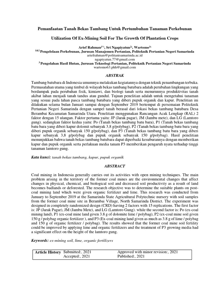Pemanfaatan Tanah Bekas Tambang Untuk Pertumbuhan Tanaman Perkebunan | PDF