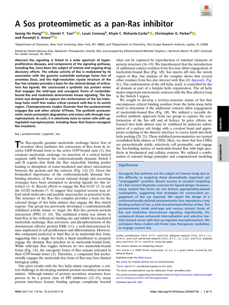 2021 - A Sos Proteomimetic As A Pan-Ras Inhibitor | PDF | Alpha Helix ...