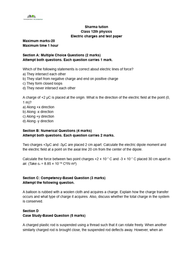 Class 12 Physics Chapter 1 Test Paper | PDF | Electric Field | Electric ...