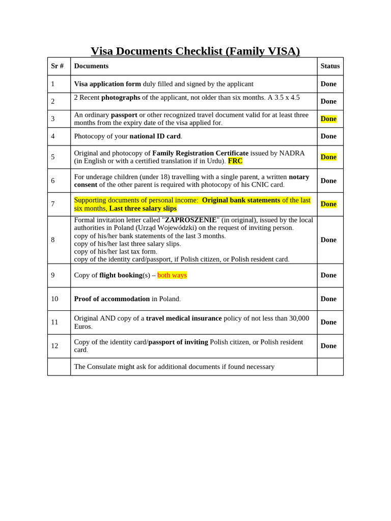 Visa Documents Checklist-Table | PDF | Identity Document | Travel Visa