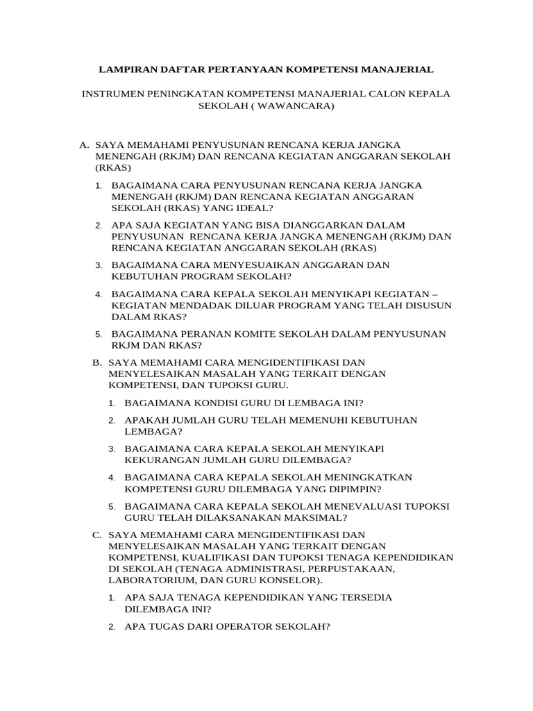 Lampiran Daftar Pertanyaan Kompetensi Manajerial | PDF