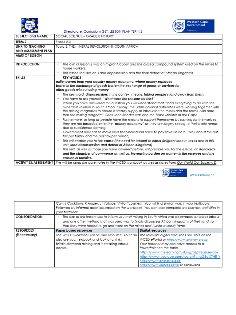 Lesson Plan GR 8 SS History T2 W2-3 | PDF | Zulu Kingdom
