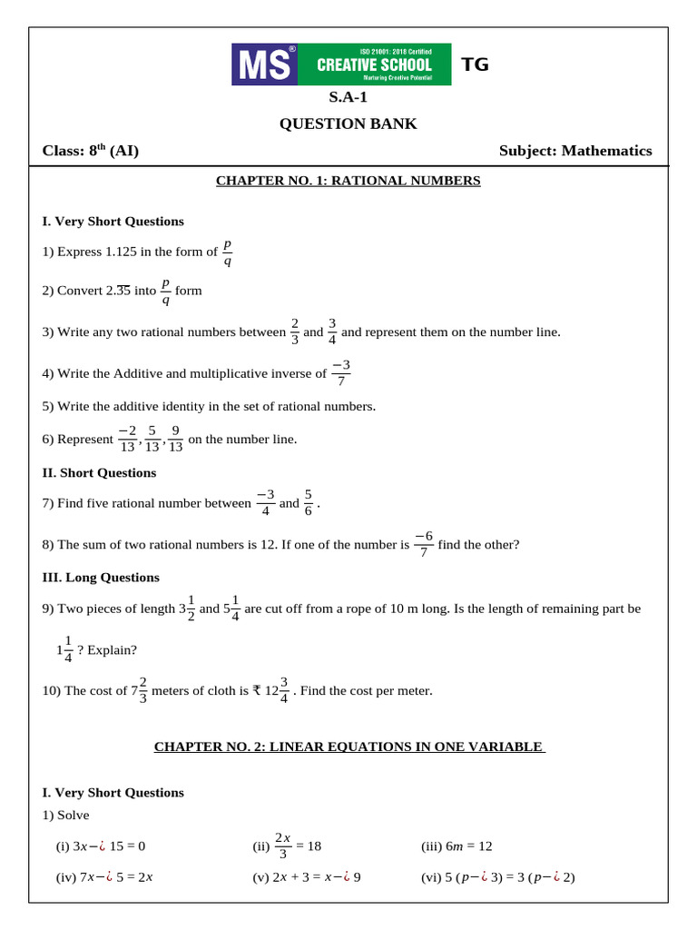 Class 8th SA-1 Question Bank & Bit Bank (AI) | PDF | Rectangle ...