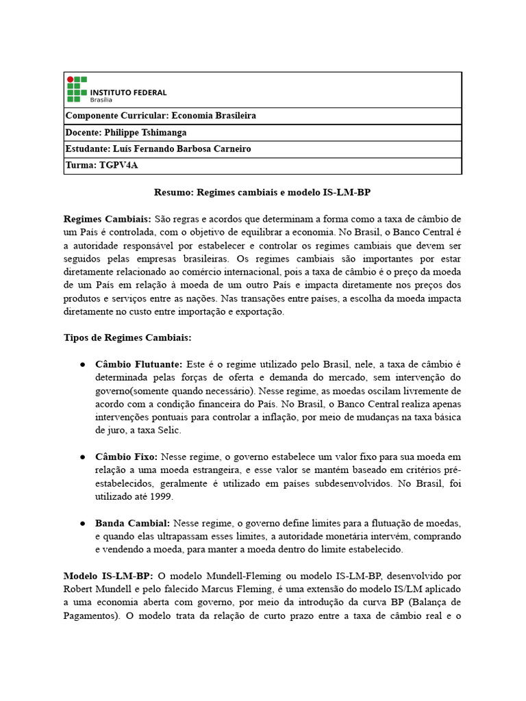 Regimes Cambiais e Modelo IS-LM-BP - Luís Fernando Barbosa Carneiro ...