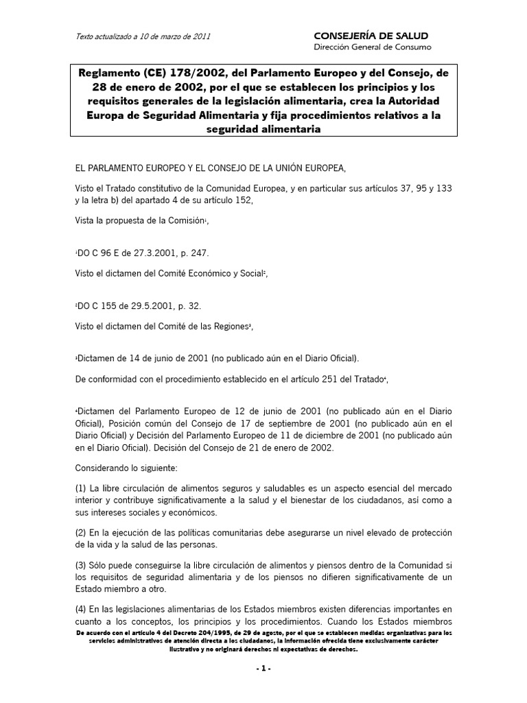 Reglamento 178-2002 Seguridad Alimentaria | PDF | Alimentos | Seguridad alimenticia
