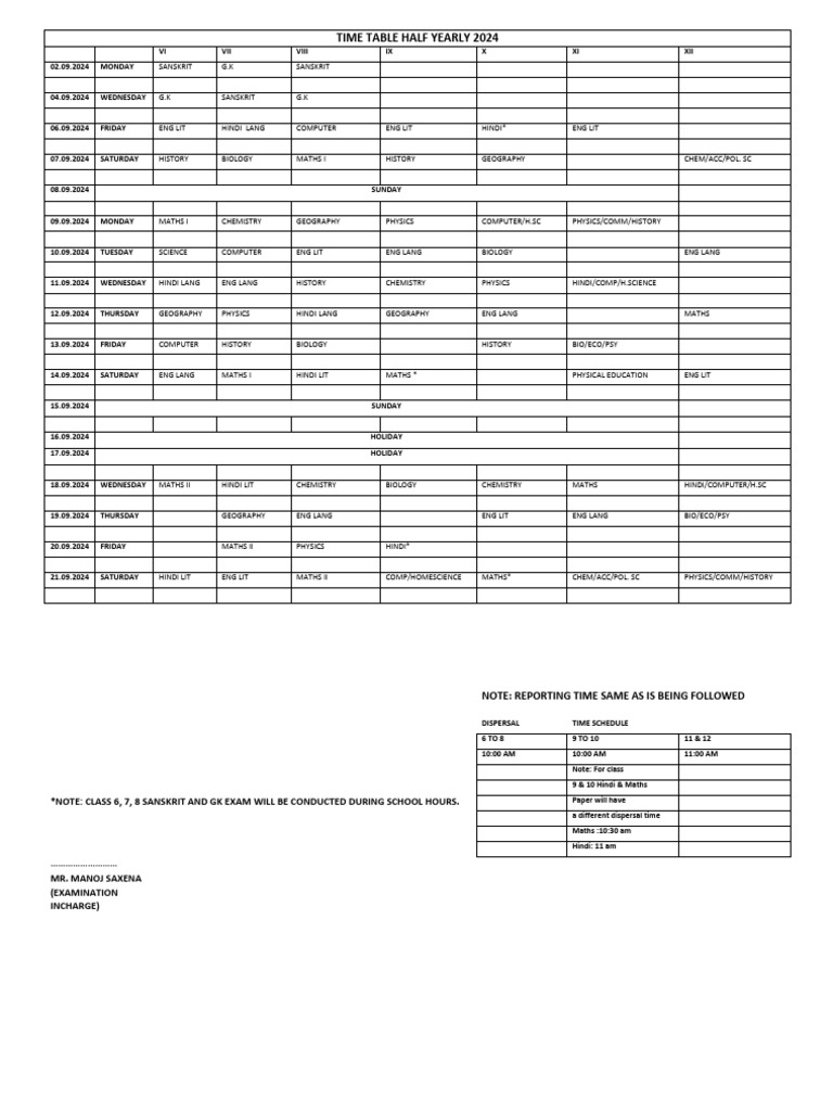 Half Yearly Exam Timetable 2024 | PDF