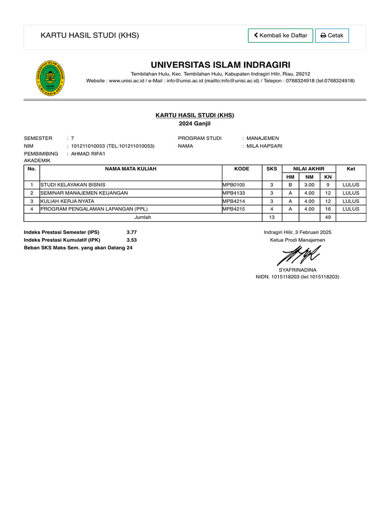 Kartu Hasil Studi (KHS) Sem7 | PDF