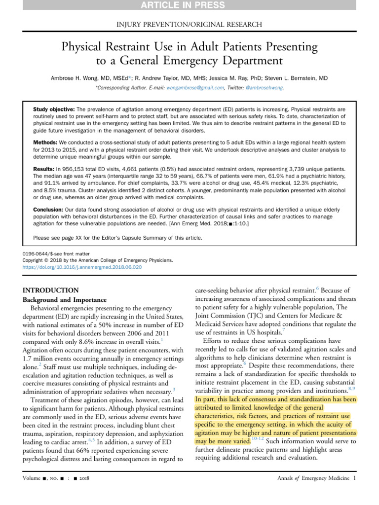 Physical Restraint Use in Adult Patients Presenting To A General ...