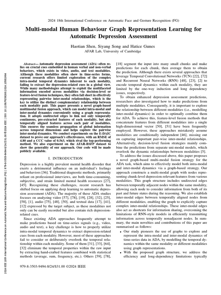 Multi-Modal Human Behaviour Graph Representation Learning For Automatic Depression Assessment ...