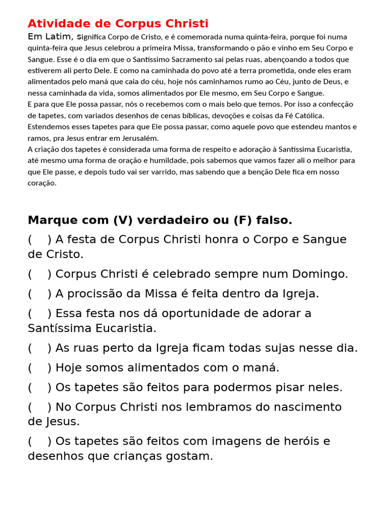 Atividades de Catequese para Corpus Christi | PDF