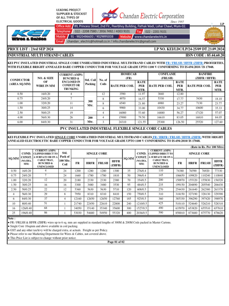 KEI Cable Price List September 2024 | PDF | Electrical Conductor | Wire
