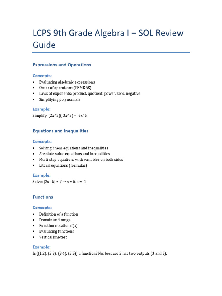 Algebra I SOL Review Guide | PDF | Function (Mathematics) | Equations