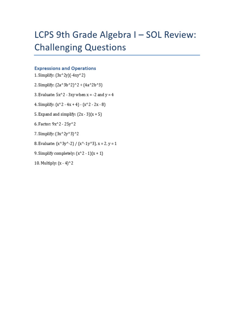 Algebra1 SOL Hard Questions | PDF | Inequality (Mathematics) | Mathematics