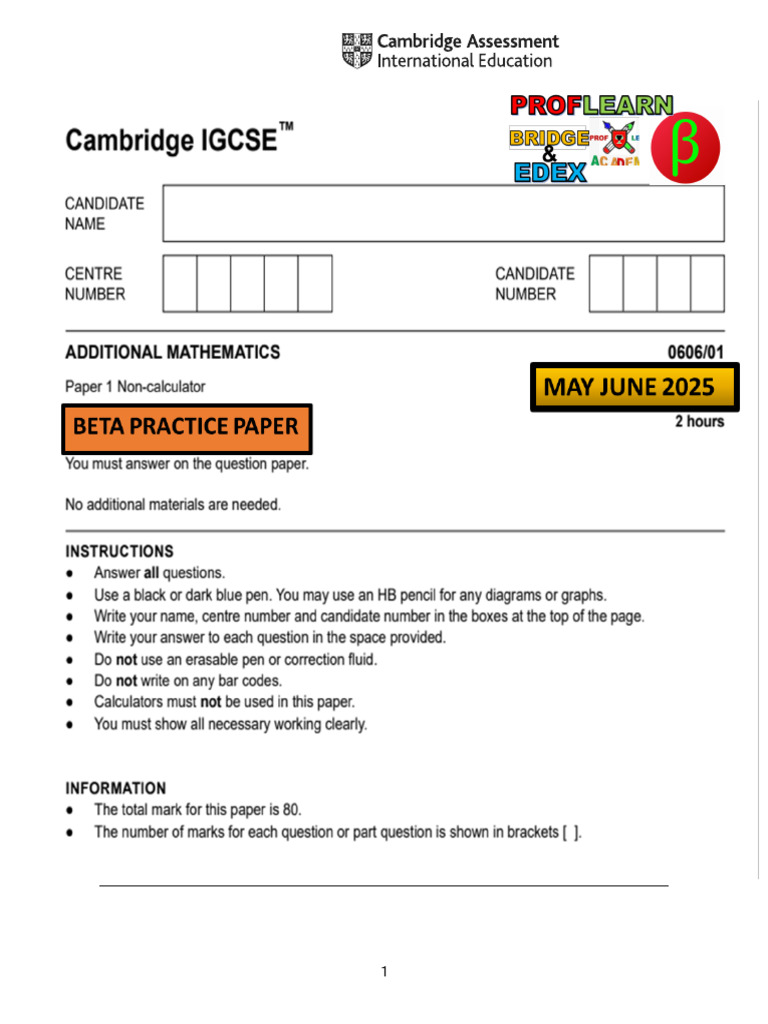 IGCSE Additional Mathematics 0606 - 12 Paper JUNE 2025 Practice 2 | PDF