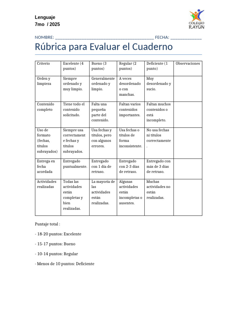 Rúbrica para Evaluar Cuadernos 7mo | PDF