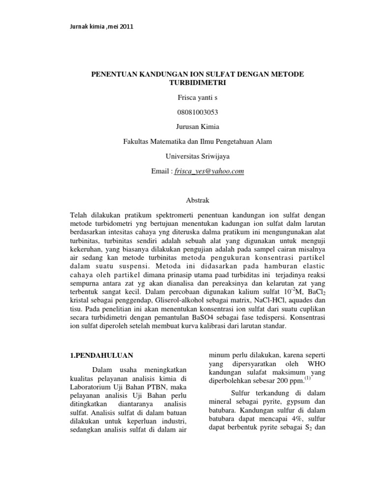 Frisca Penentuan Kandungan Ion Sulfat Dengan Metode Turbidimetri ...