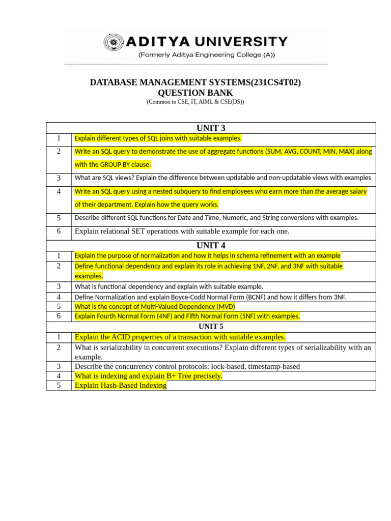 DBMS - Question Bank - Unit 3 4 5 | PDF