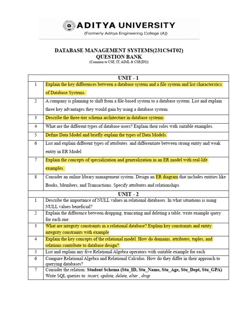 II Year IV Sem DBMS Question Bank Unit 1 Unit 2 | PDF | Relational Model | Databases