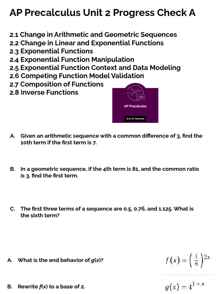 AP Precalculus Unit 2 Progress Check | PDF