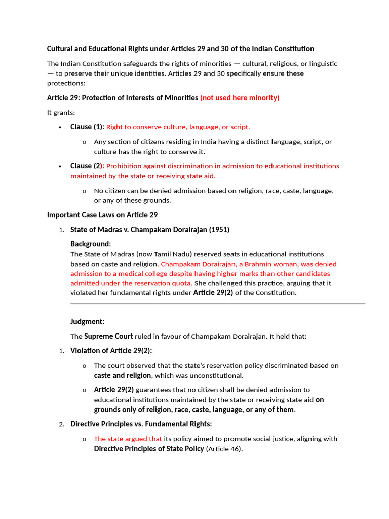 Cultural and Educational Rights under Articles 29 and 30 of the Indian ...