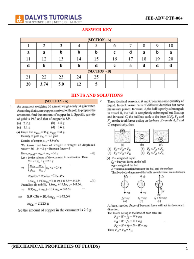 Xiith - Phy - Jee - Adv - PTF - 004 - Mechanical Properties of Fluids - Hints & Solution | PDF
