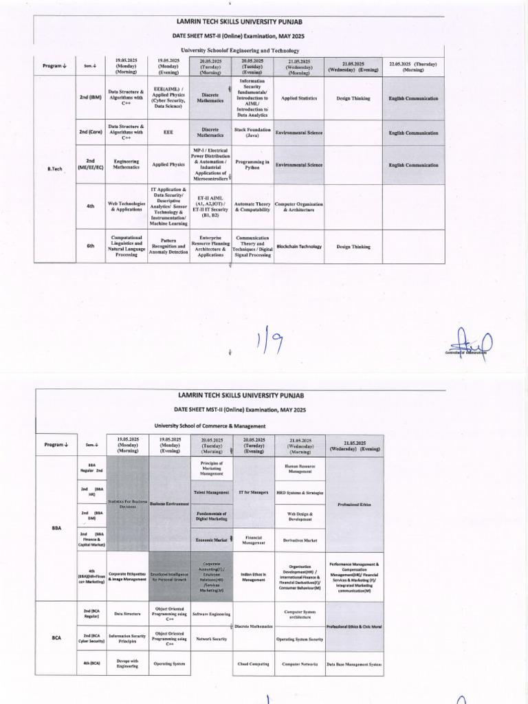 Revised MST II Date Sheet May 2025 Online | PDF