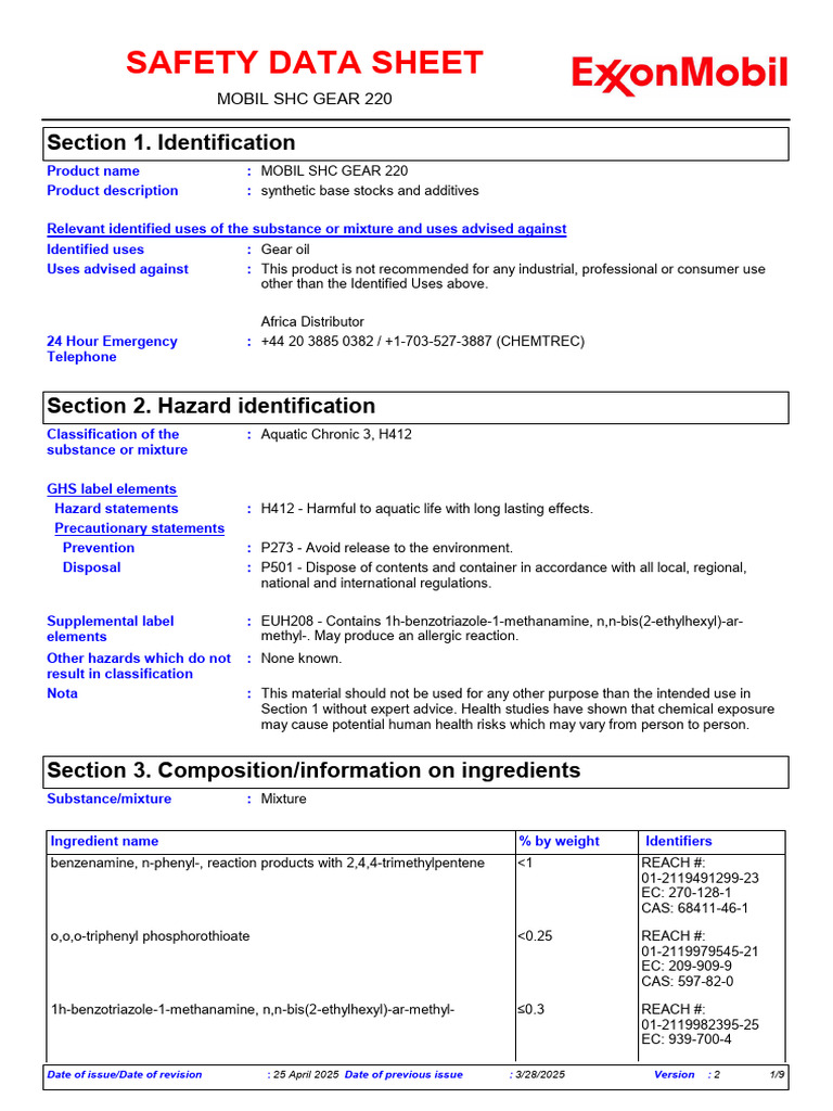 MSDS Mobil SHC Gear 220 | PDF | Toxicity | Chemistry