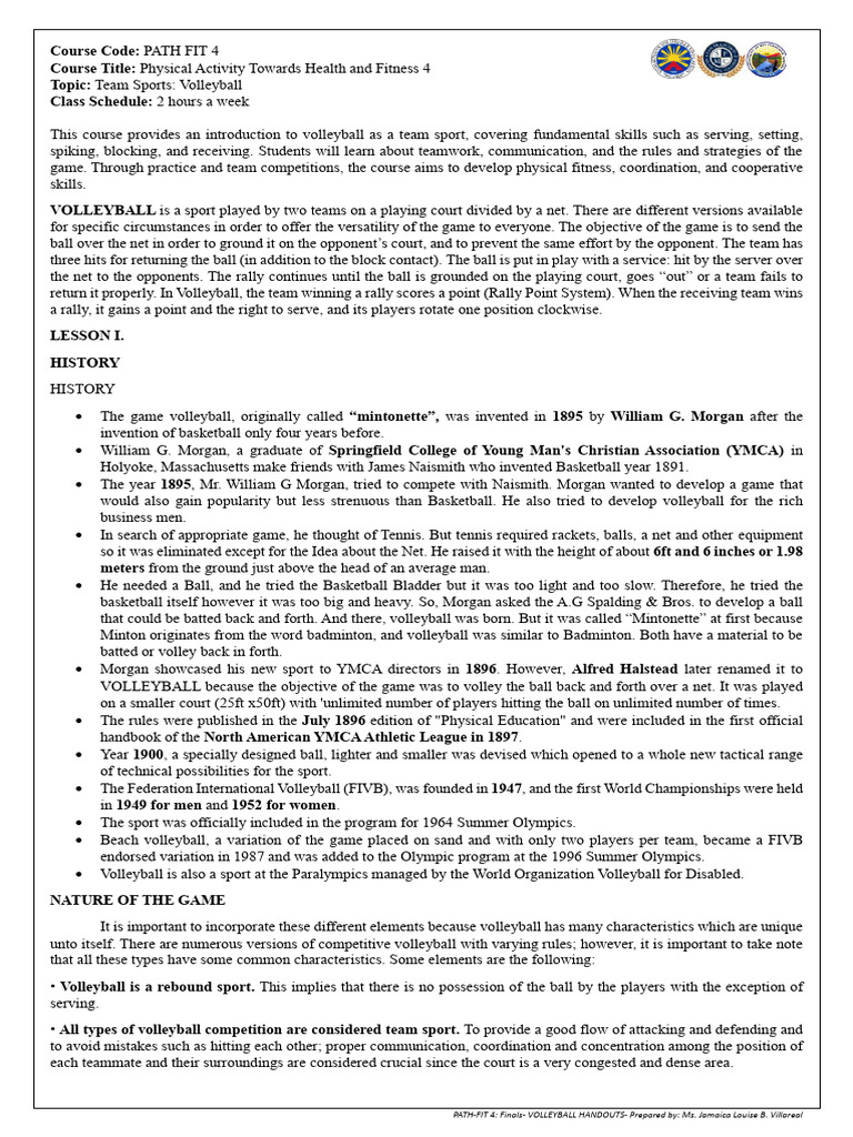 FINALS PATH FIT 4 Volleyball Handout | PDF | Volleyball | Sports